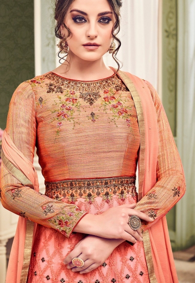 Buy Peach color net wedding anarkali suit in UK, USA and Canada
