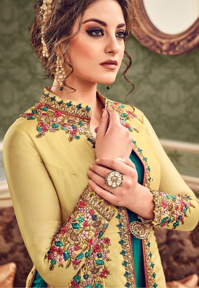 Buy Peacock blue and mustard green koti style silk wedding anarkali ...