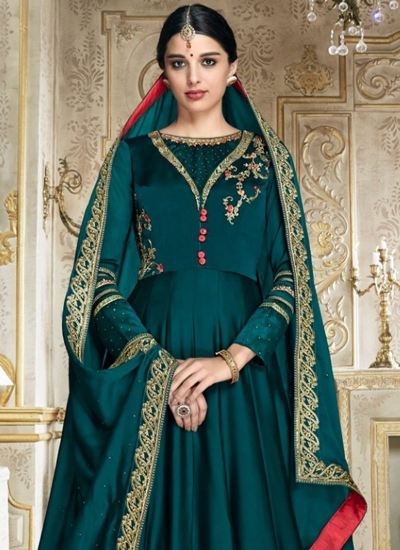 Teal color barfi silk wedding wear anarkali 3003