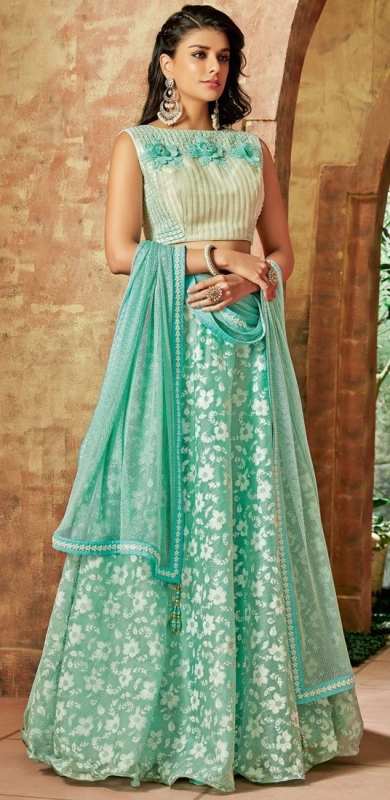 Indian wedding seagreen and offwhite tissue wedding lehenga 7715