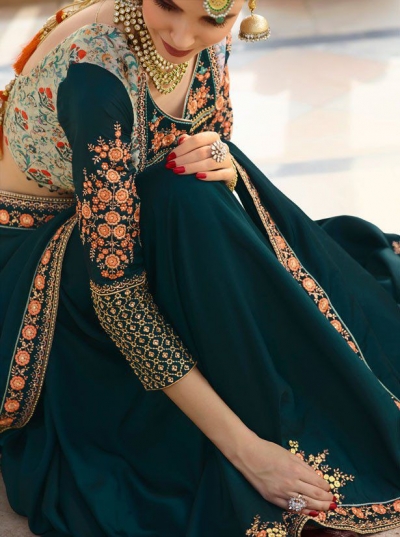 Buy Cyan Color Barfi silk saree Indian wedding saree double blouse in ...