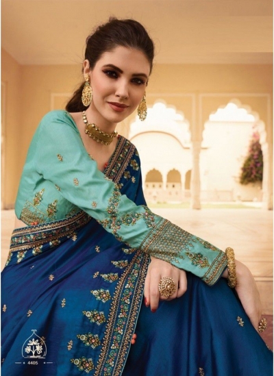 Buy Royal blue Barfi silk Indian designer Saree in UK, USA and Canada