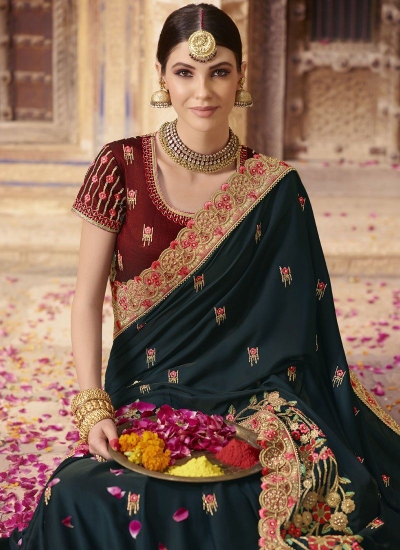 Buy Dark blue and red barfi silk Indian wedding Saree in UK, USA and Canada