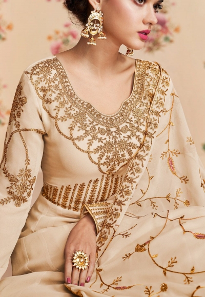 beige georgette embroidered long anarkali suit 8191