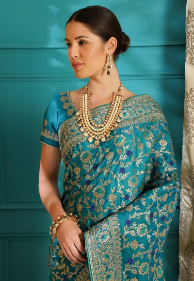 Turquoise blue silk saree with blouse 4114