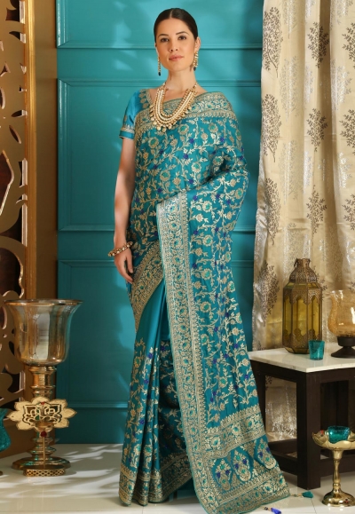 Turquoise blue silk saree with blouse 4114