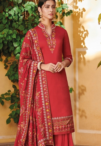 red ora silk embroidered palazzo style suit 801